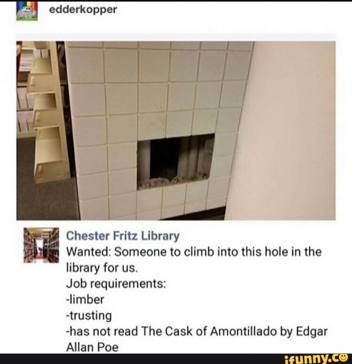 Edderkopper Chester Fritz Library Wanted: Someone to climb into this ...
