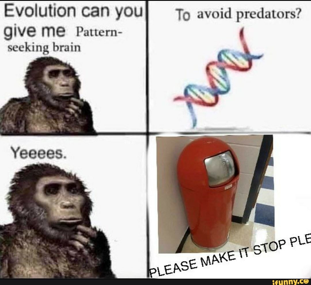 Evolution can you give me Pattern- seeking brain Yeeees. To avoid ...